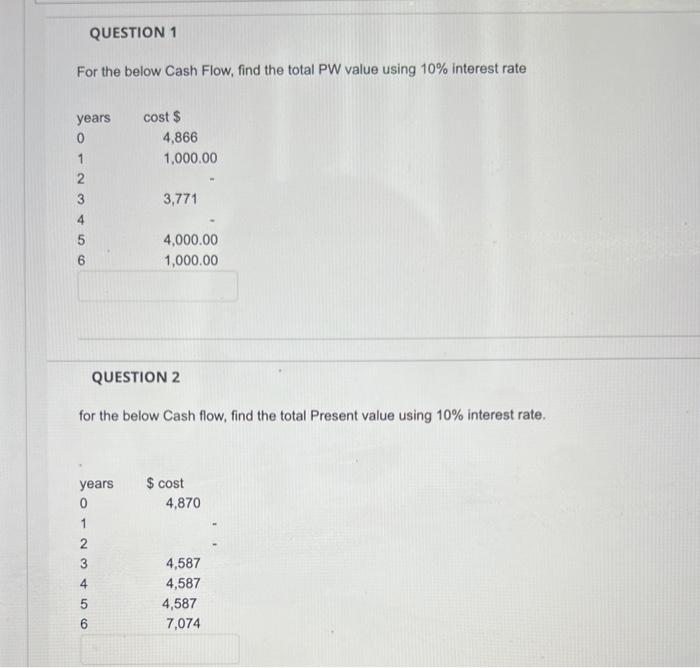 Solved For the below Cash Flow, find the total PW value | Chegg.com