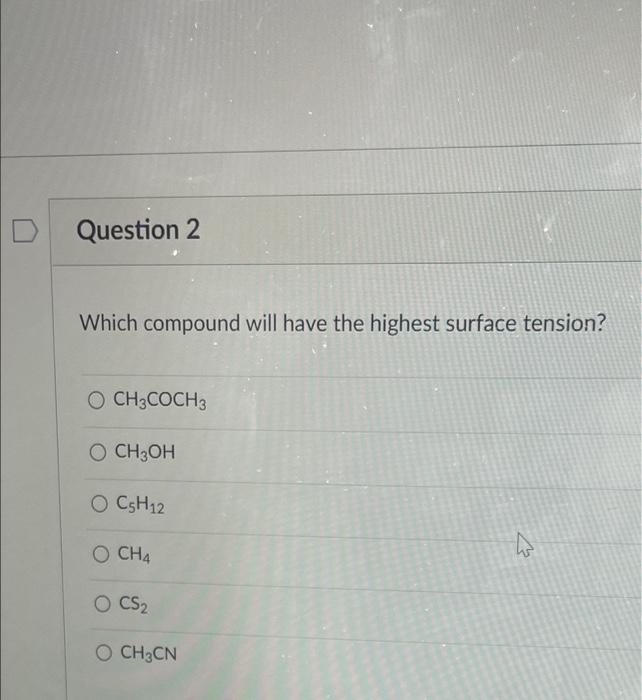 Solved Which compound will have the highest surface tension? | Chegg.com
