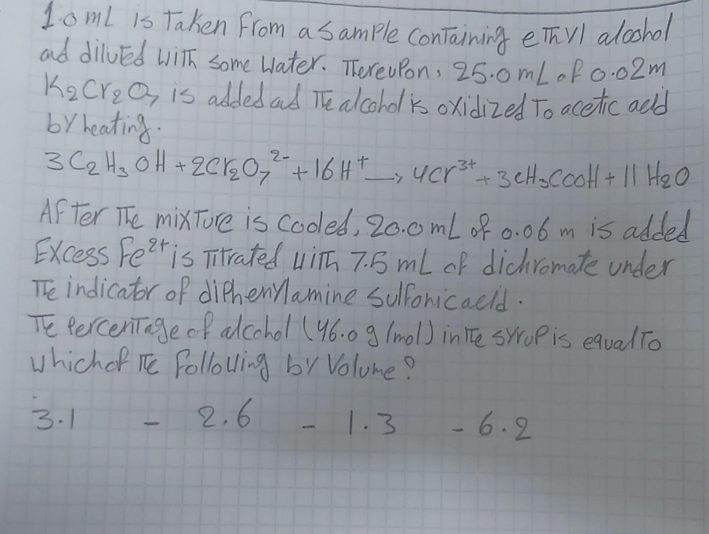 1.0 mL is taken from a sample containing ethyl | Chegg.com