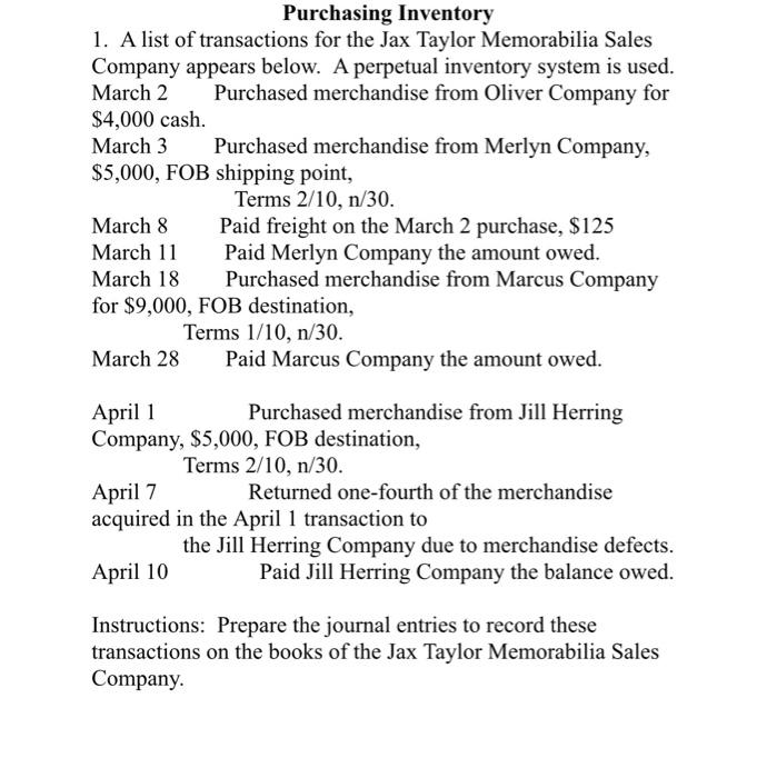 Solved Purchasing Inventory 1. A list of transactions for | Chegg.com