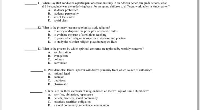 Solved 11. When Ray Rist conducted a participant observation | Chegg.com