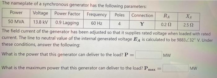 Solved RA The nameplate of a synchronous generator has the | Chegg.com