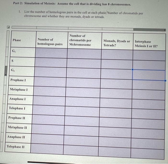 Solved Part 2: Simulation of Meiosis: Assume the cell that | Chegg.com