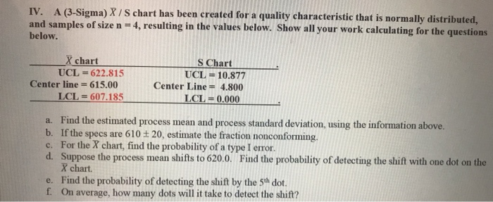 IV. A (3-Sigma) X/ S chart has been created for a | Chegg.com