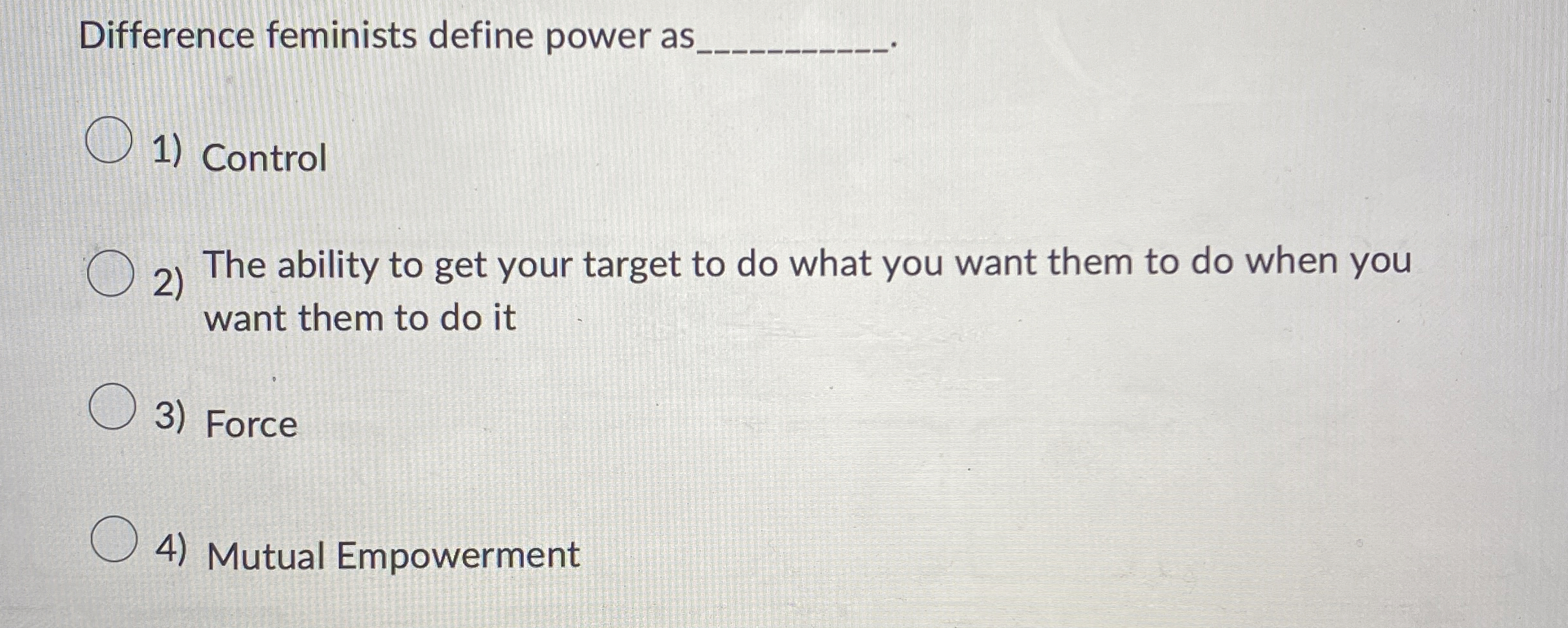 Solved Difference feminists define power as. ControlThe | Chegg.com