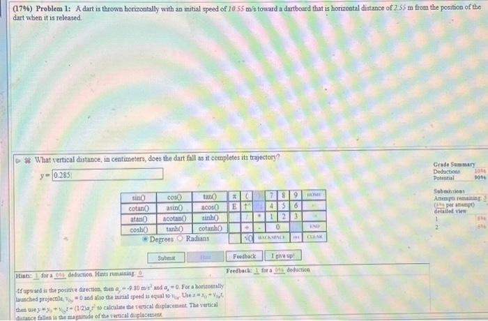 Solved (17\%) Problem 1: A dart is thrown horizontally with | Chegg.com