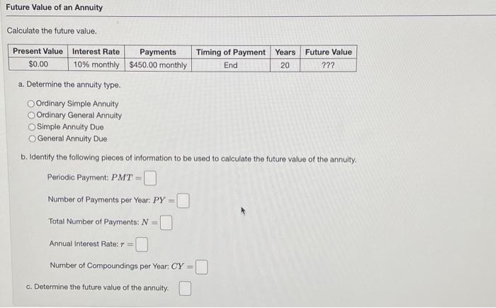 Solved Future Value of an Annuity Calculate the future | Chegg.com
