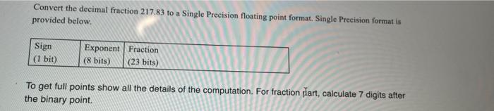 Solved Convert the decimal fraction 217.83 to a Single | Chegg.com