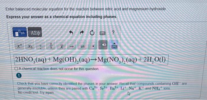 Solved Enter balanced molecular equation for the reaction | Chegg.com
