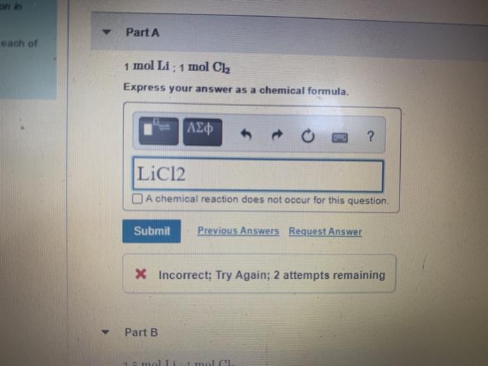 Solved Part A each of 1 mol Li : 1 mol Cl2 Express your | Chegg.com