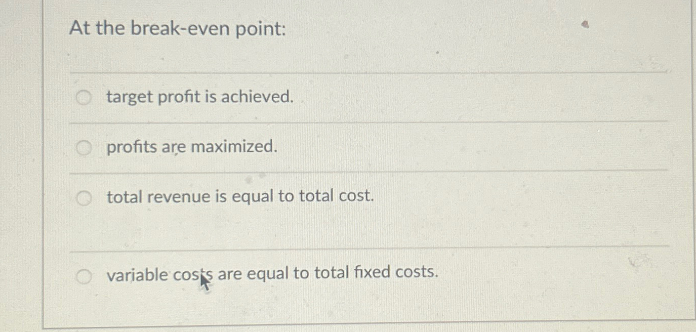 Solved At the break-even point:target profit is | Chegg.com