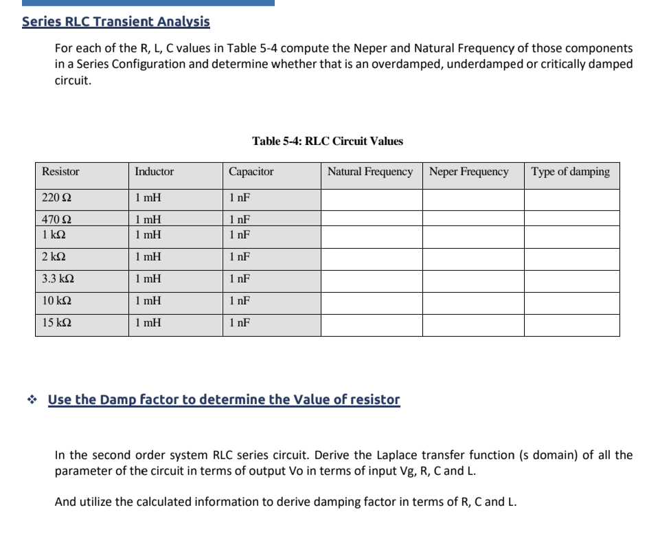 Solved For each of the R, L, C values in Table 5-4 compute | Chegg.com