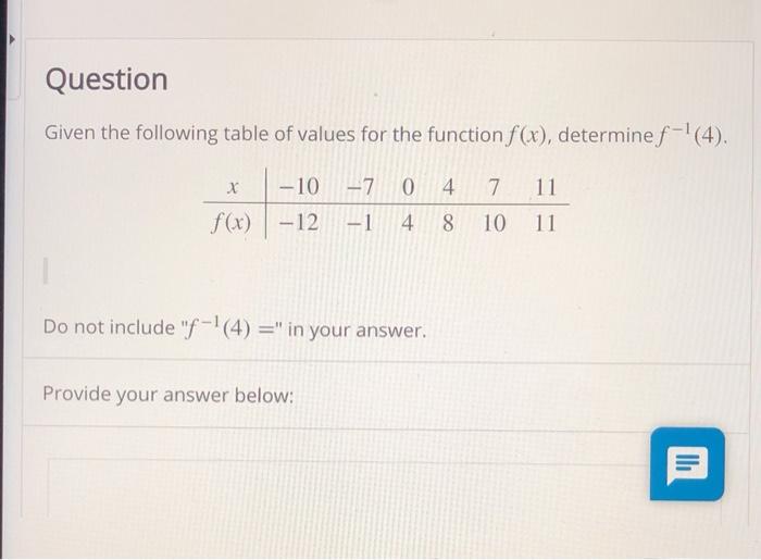 Solved Question Given the following table of values for the | Chegg.com