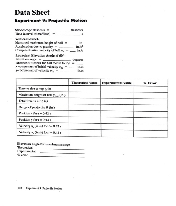 Data Sheet Experiment 9: Projectile Motion | Chegg.com