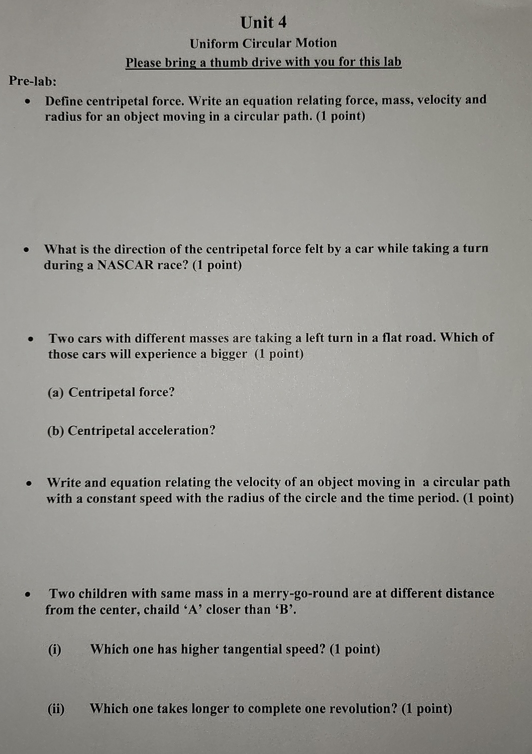 Solved Unit 4Uniform Circular MotionPlease bring a thumb | Chegg.com