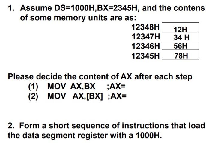Solved 1. Assume DS=1000H,BX=2345H, and the contens of some | Chegg.com
