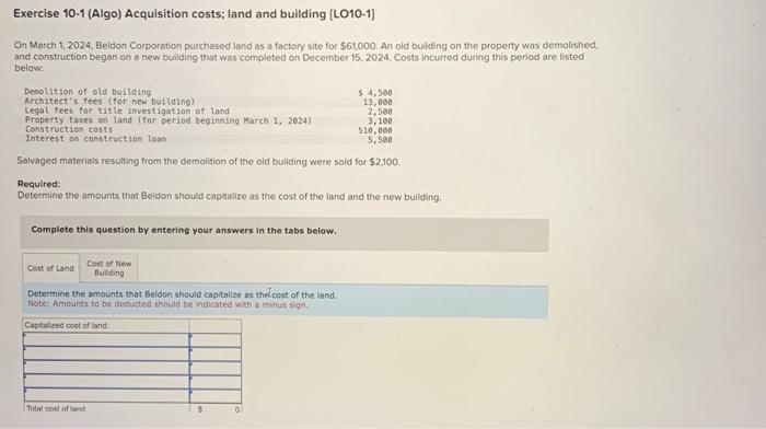 Solved Exercise 10-1 (Algo) Acquisition costs; land and | Chegg.com