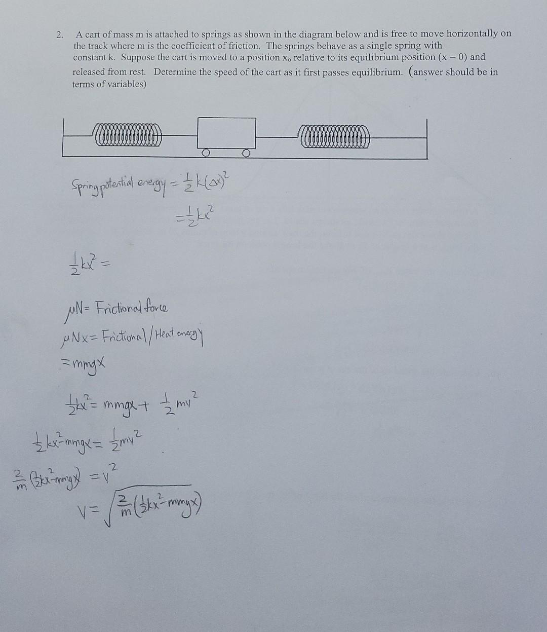 Solved 2. A cart of mass m is attached to springs as shown | Chegg.com