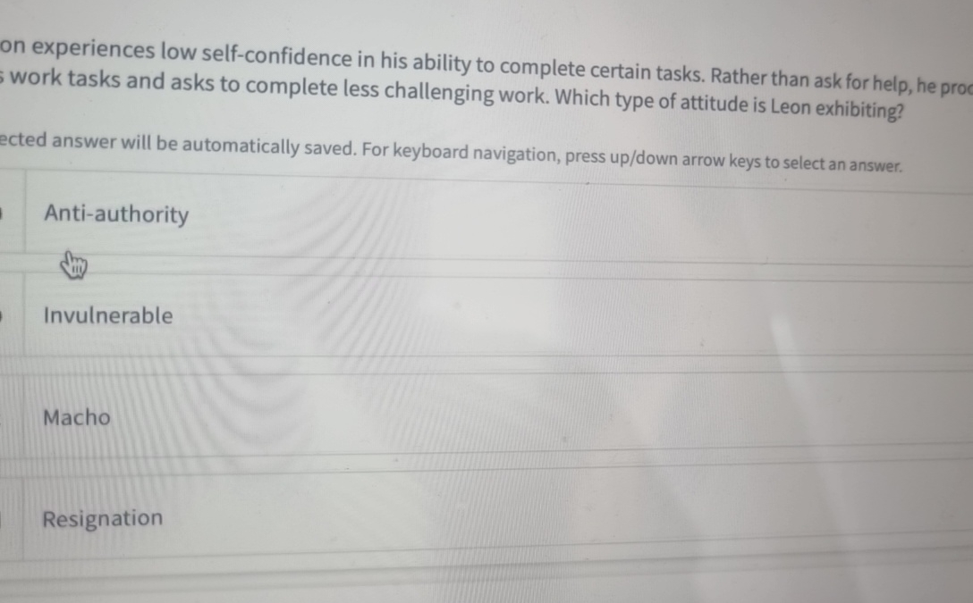 Solved on experiences low self-confidence in his ability to | Chegg.com
