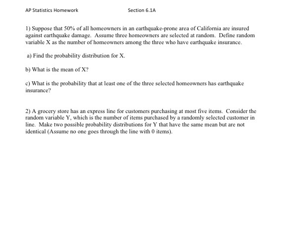 Solved AP Statistics Homework Section 6.1A 1) Suppose that | Chegg.com