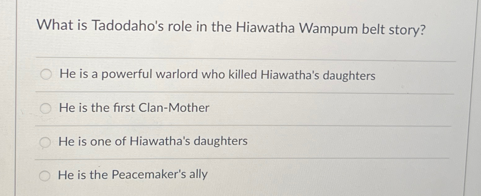 Solved What is Tadodaho's role in the Hiawatha Wampum belt | Chegg.com