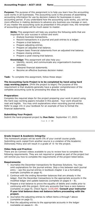 Solved Accounting Project - ACCT 1010 Purpose: i need | Chegg.com