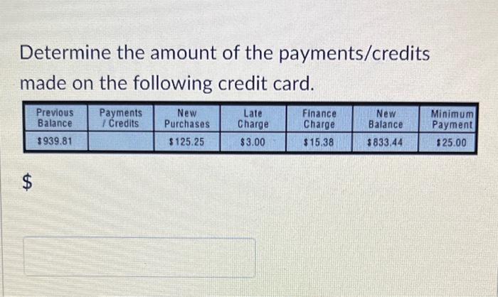 Solved Determine the amount of the payments/credits made on | Chegg.com