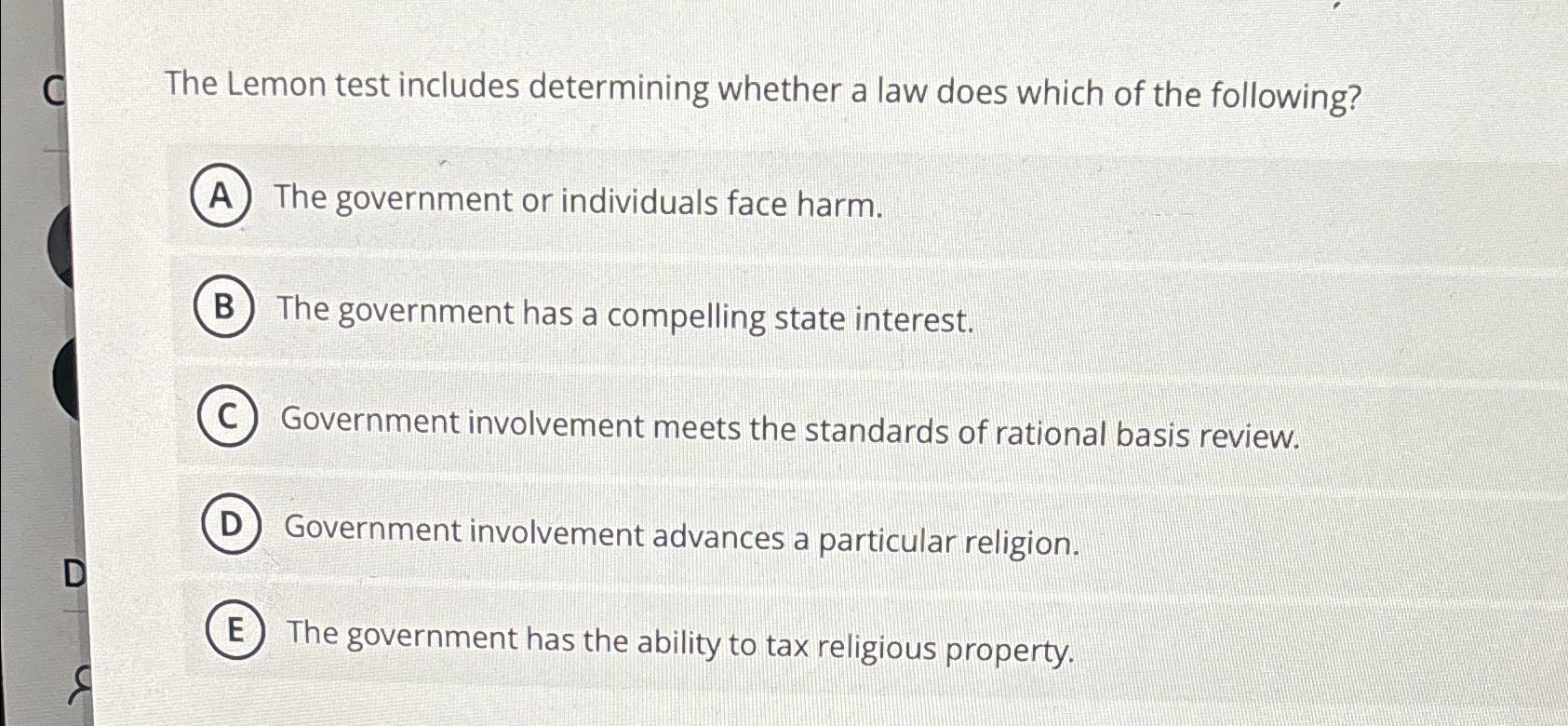 Solved The Lemon test includes determining whether a law | Chegg.com