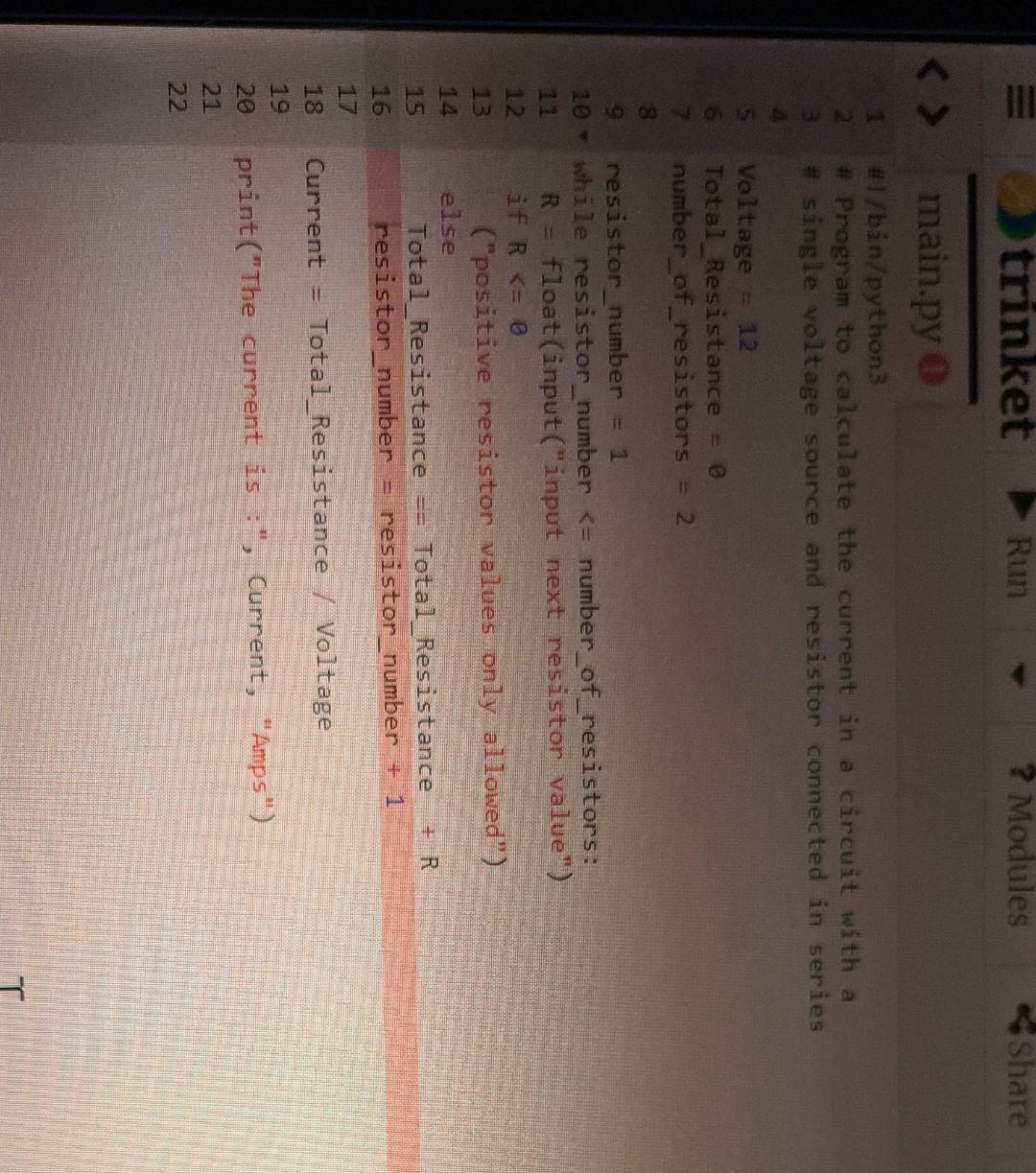 Solved trinket Run ? Modules Share main.py 0 | Chegg.com
