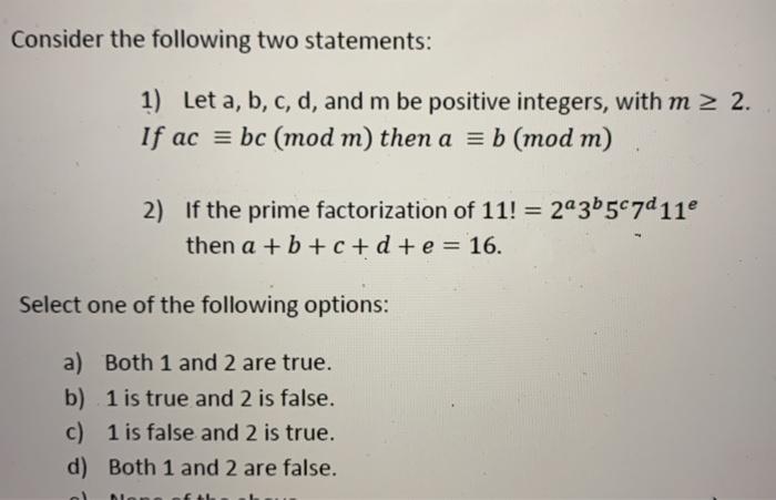 Solved Consider the following two statements: 1) Let a, b, | Chegg.com