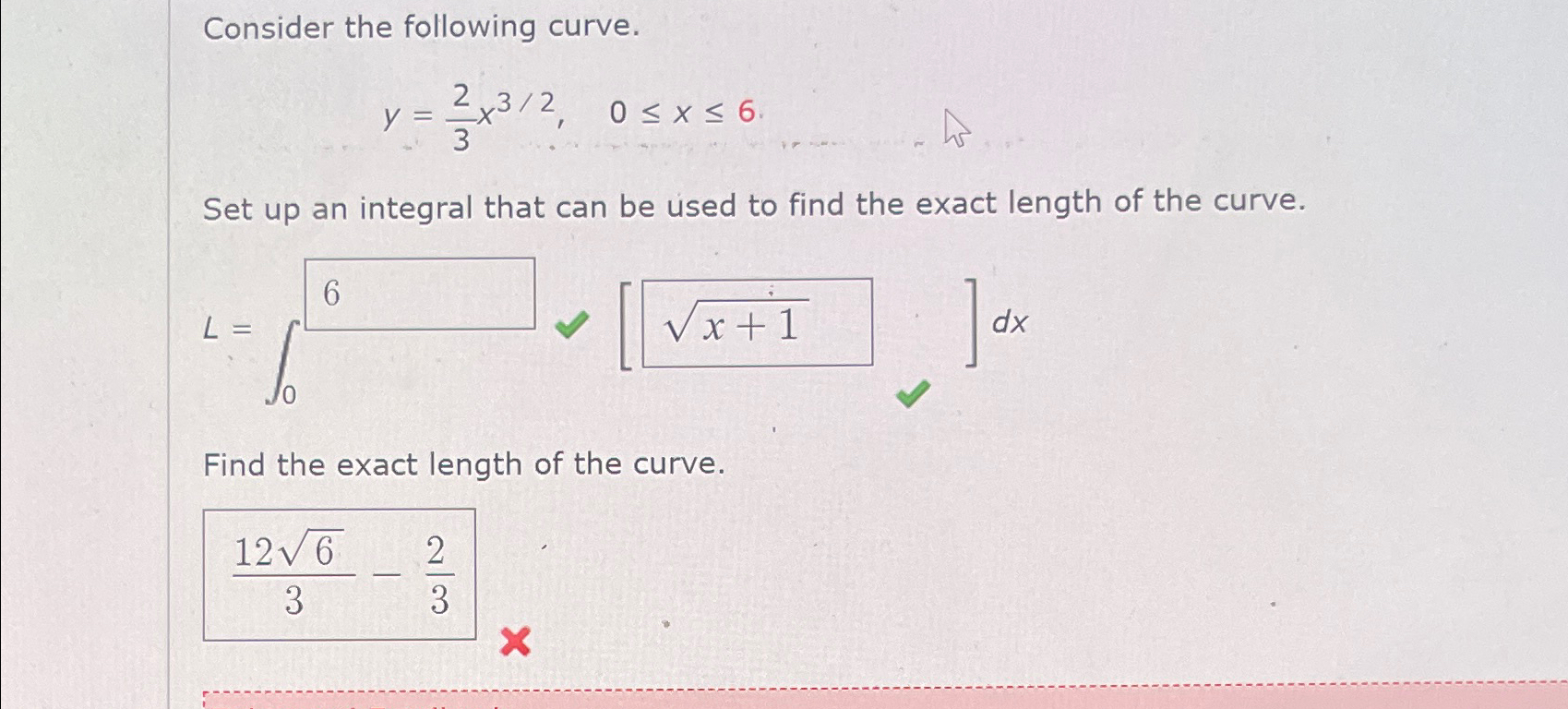 Solved Consider the following curve.y=23x32,0≤x≤6Set up an | Chegg.com