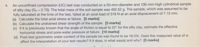 An unconfined compression (UC) test was conducted on | Chegg.com
