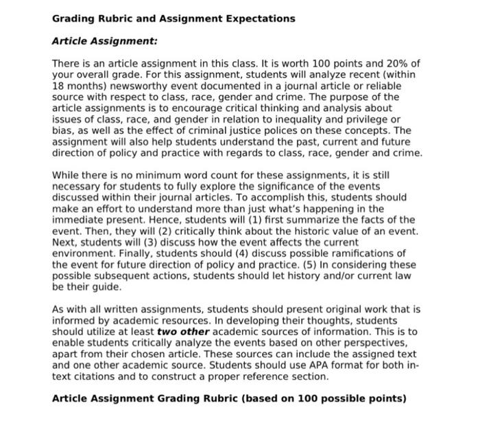 Grading Rubric and Assignment Expectations Article | Chegg.com