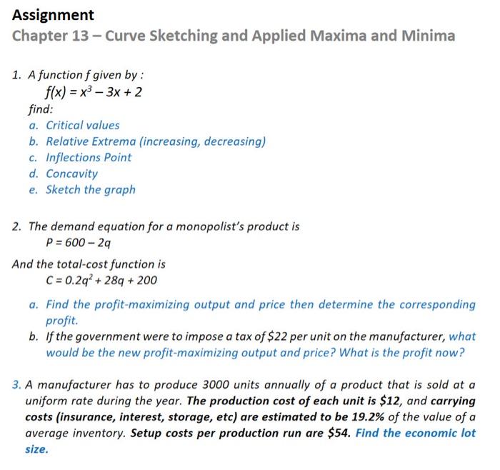 Solved Assignment Chapter 13 - Curve Sketching and Applied | Chegg.com