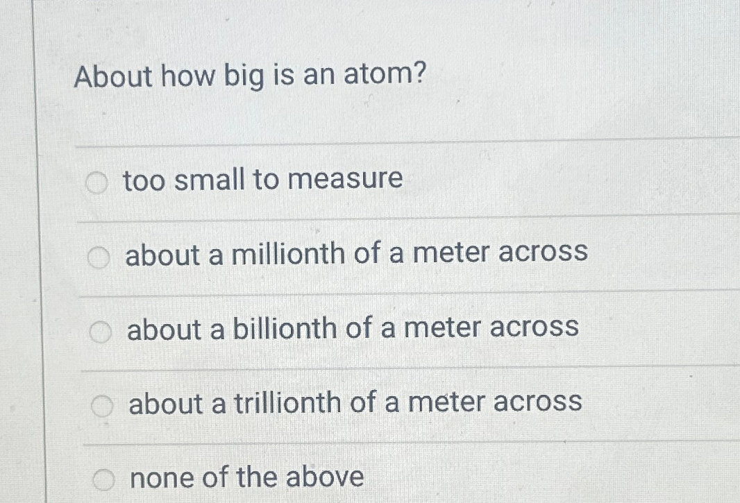 Solved About how big is an atom?too small to measureabout a | Chegg.com