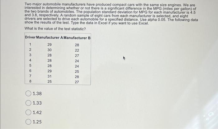 Solved Two major automobile manufacturers have produced | Chegg.com