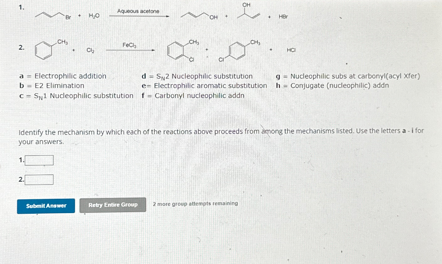 Solved a= ﻿Electrophilic additionb=E2 ﻿EliminationC=SN1 | Chegg.com