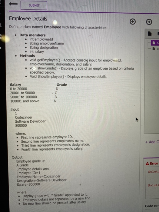 Solved SUBMIT L SO er Employee Details Define a class named | Chegg.com