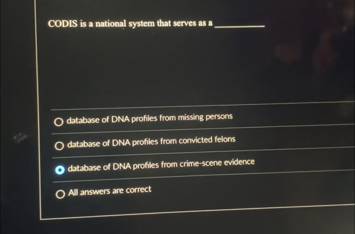 Solved CODIS is a national system that serves as a | Chegg.com