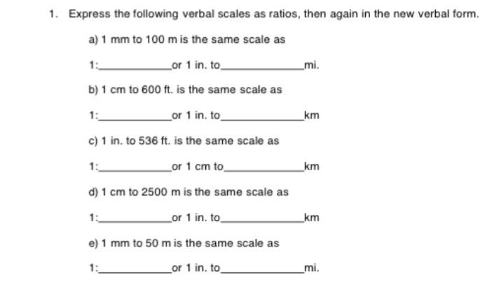 Solved 1. Express the following verbal scales as ratios, | Chegg.com