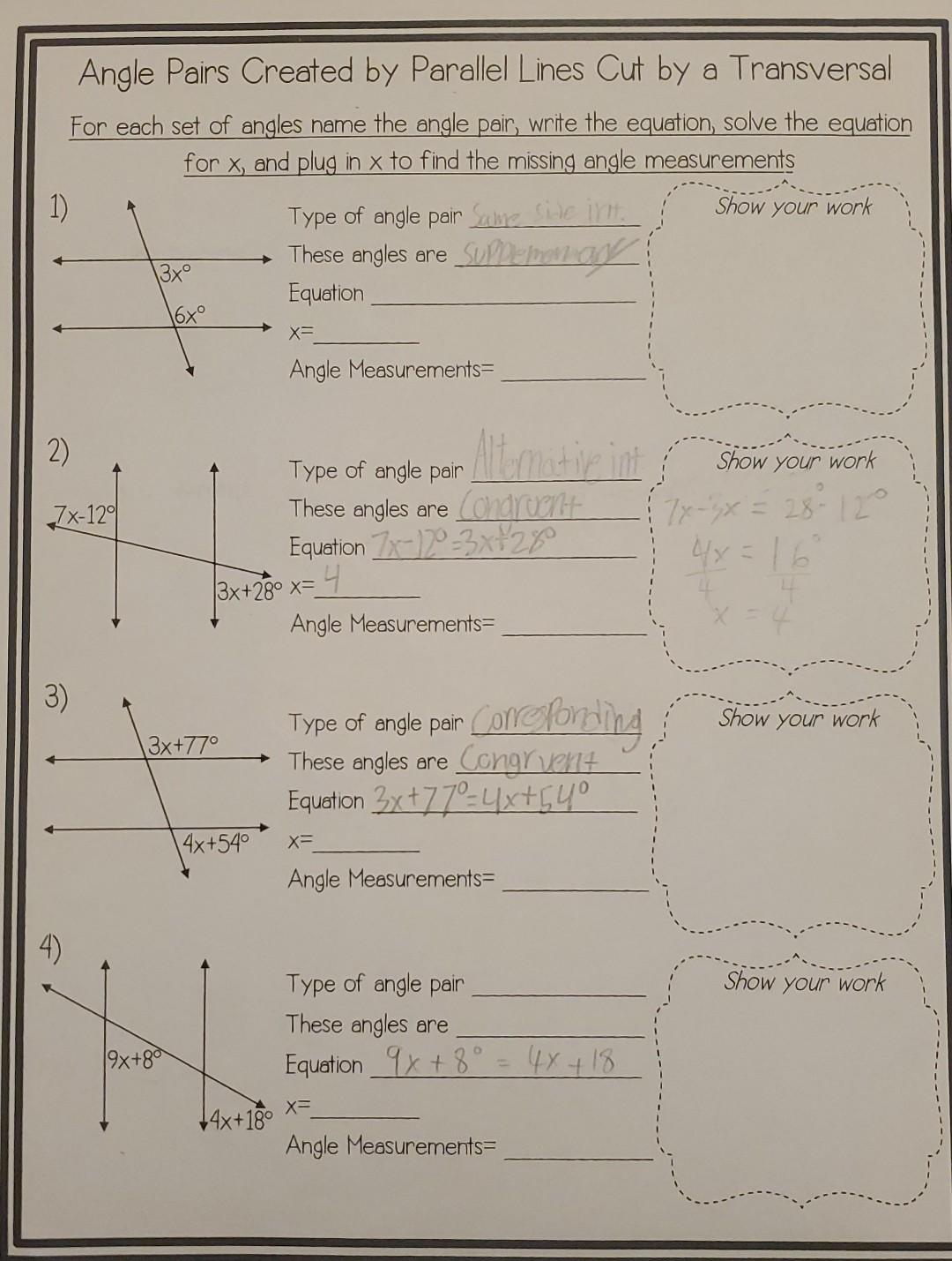 Solved Angle Pairs Created by Parallel Lines Cut by a | Chegg.com