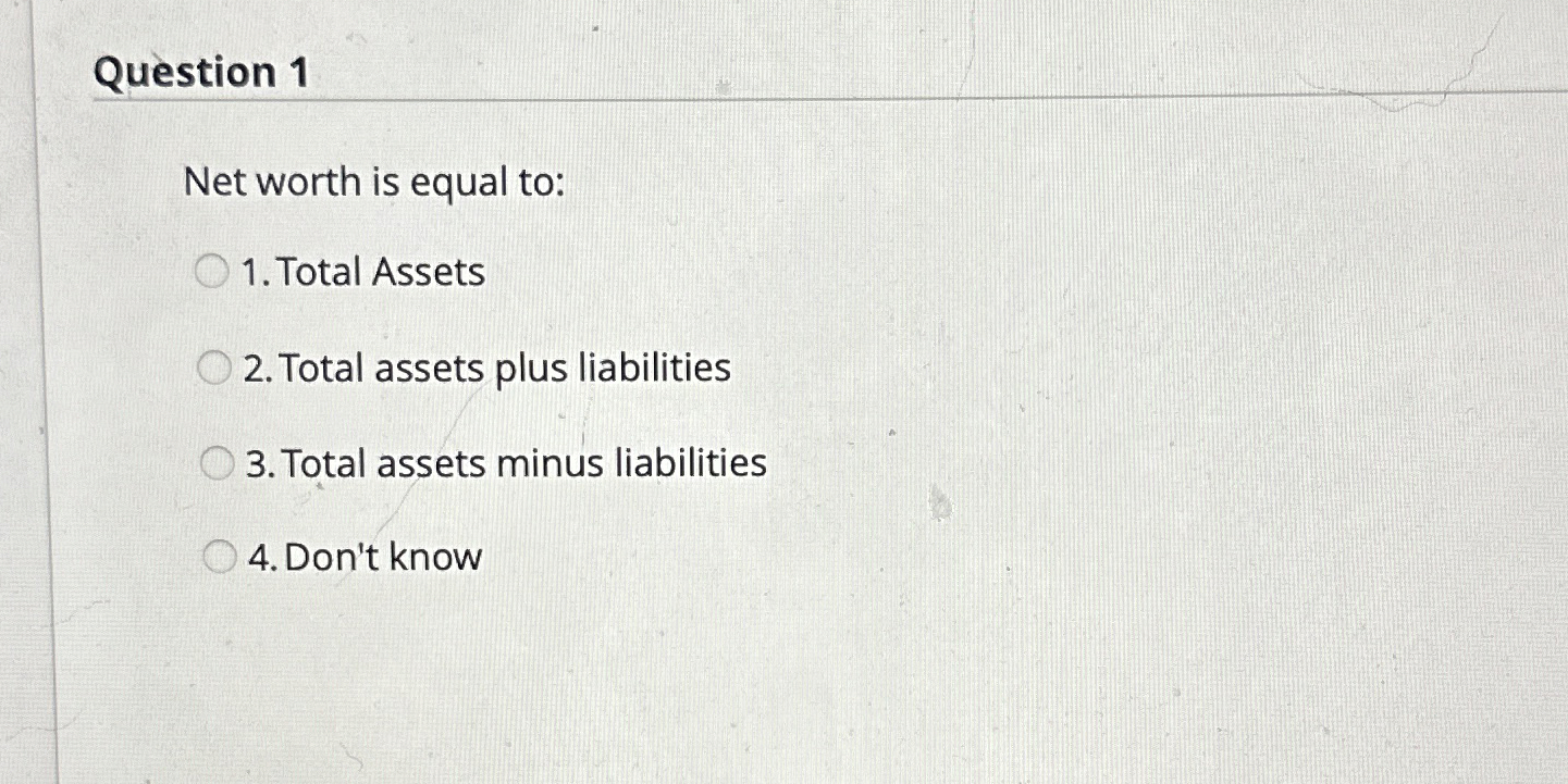 Solved Question 1Net worth is equal to:Total AssetsTotal | Chegg.com