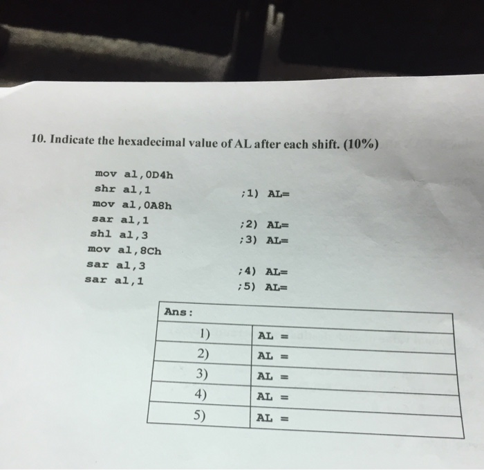Solved 10. Indicate the hexadecimal value of AL after each | Chegg.com