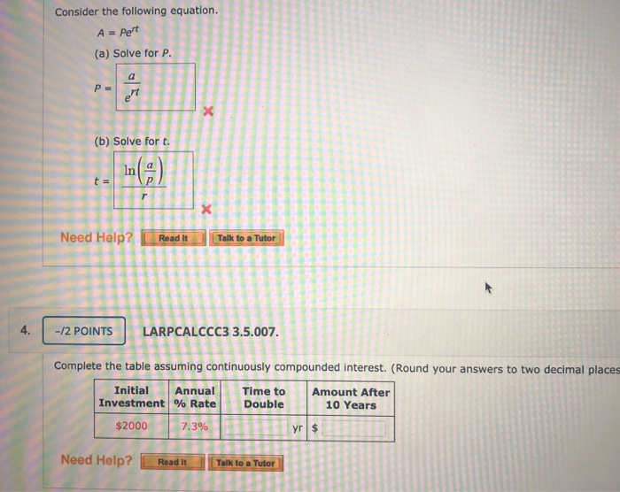 Solved Consider the following equation. A = Pert (a) Solve 2 | Chegg.com