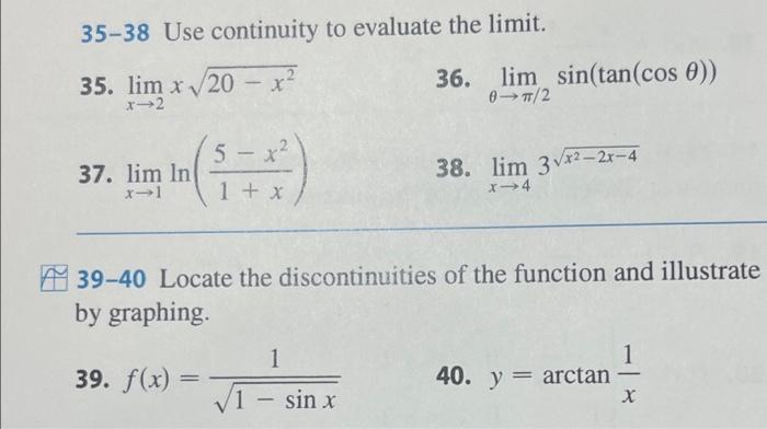 Solved 35-38 Use continuity to evaluate the limit. 35. | Chegg.com
