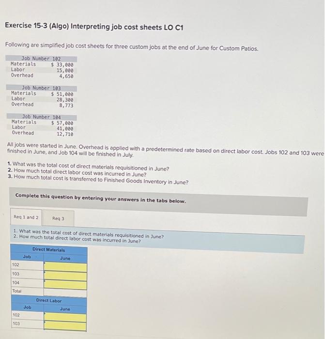 Solved Exercise 15-3 (Algo) Interpreting job cost sheets LO | Chegg.com