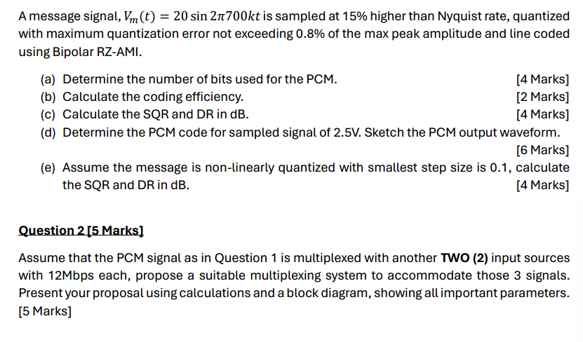 Solved A message signal, Vm(t)=20sin2π700kt ﻿is sampled at | Chegg.com