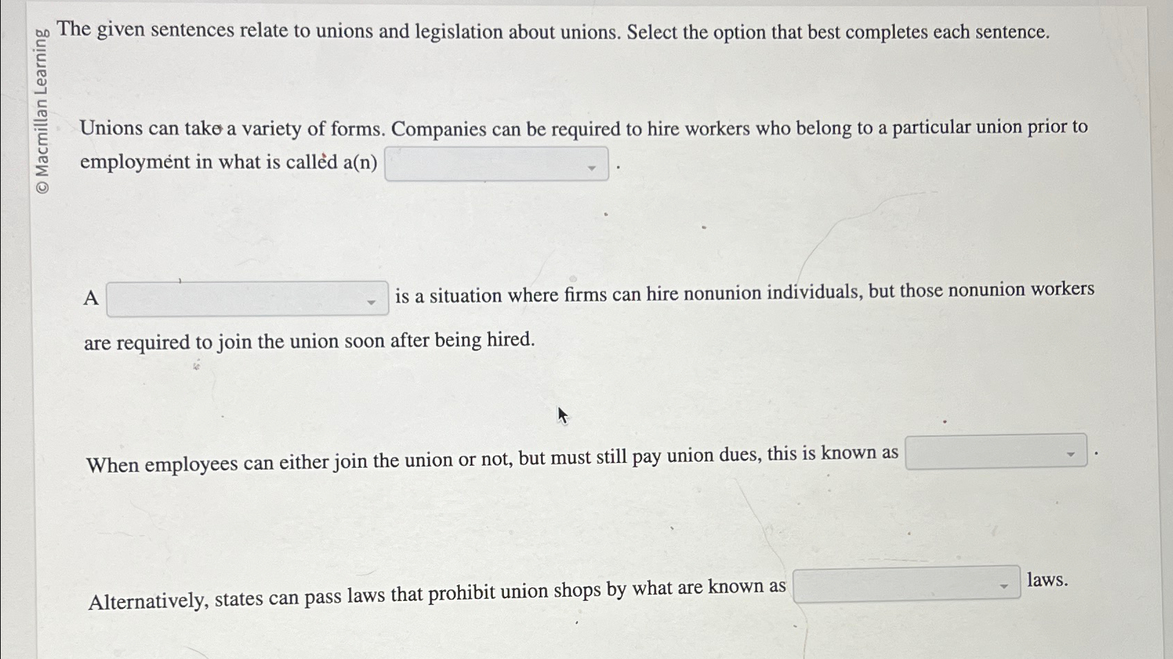 Solved The given sentences relate to unions and legislation | Chegg.com
