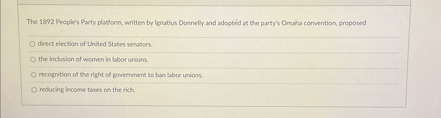 Solved The 1892 ﻿People's Party platform, written by | Chegg.com