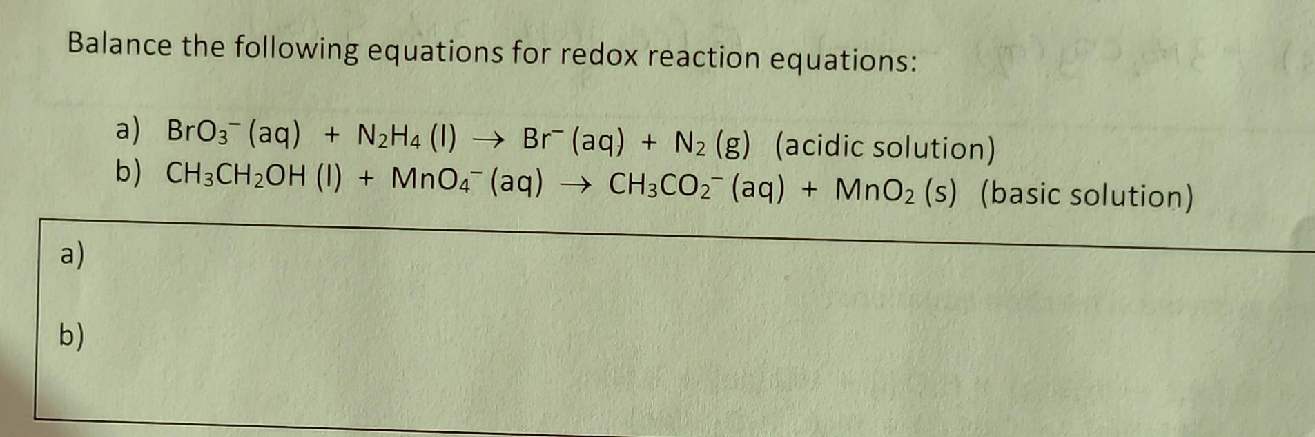 Solved Balance the following equations for redox reaction | Chegg.com